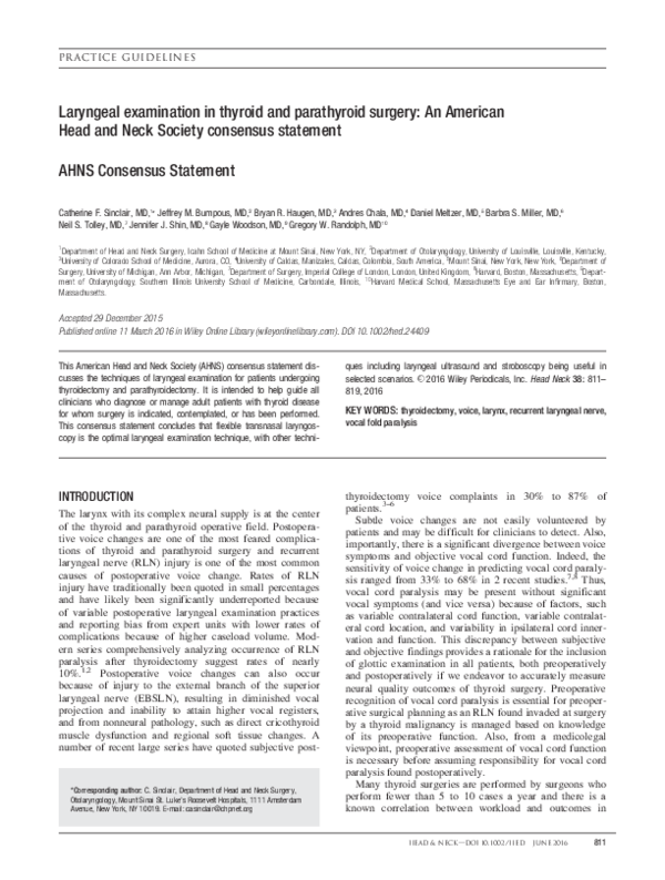 (PDF) Laryngeal examination in thyroid and parathyroid surgery: An ...