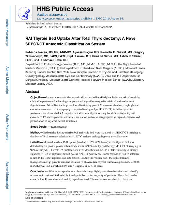 (PDF) RAI thyroid bed uptake after total thyroidectomy: A novel SPECT ...