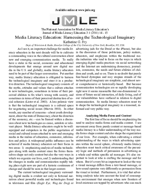 (PDF) Media Literacy Education: Harnessing the Technological Imaginary