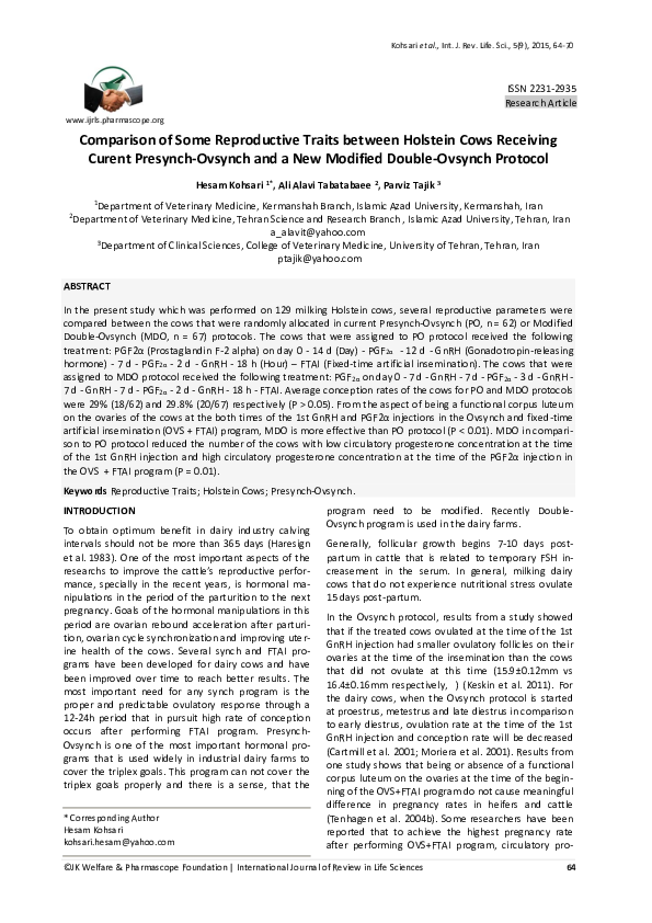 (PDF) Comparison of Some Reproductive Traits between Holstein Cows ...