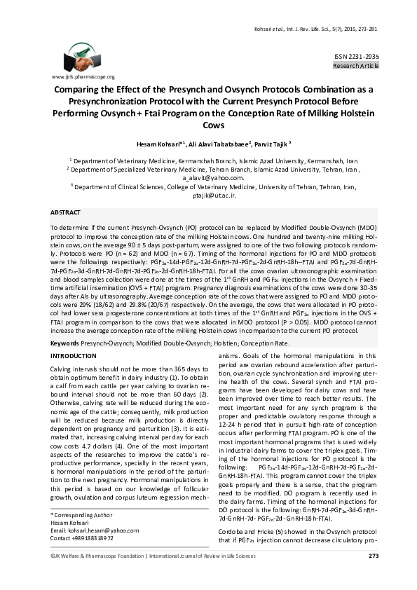 (PDF) Probability of pregnancy and risk factors of the Ovsynch program and its modification in ...