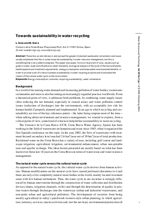 (PDF) Towards sustainability in water recycling