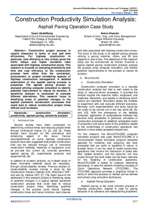 (PDF) Construction Productivity Simulation Analysis : Asphalt Paving Operation Case Study