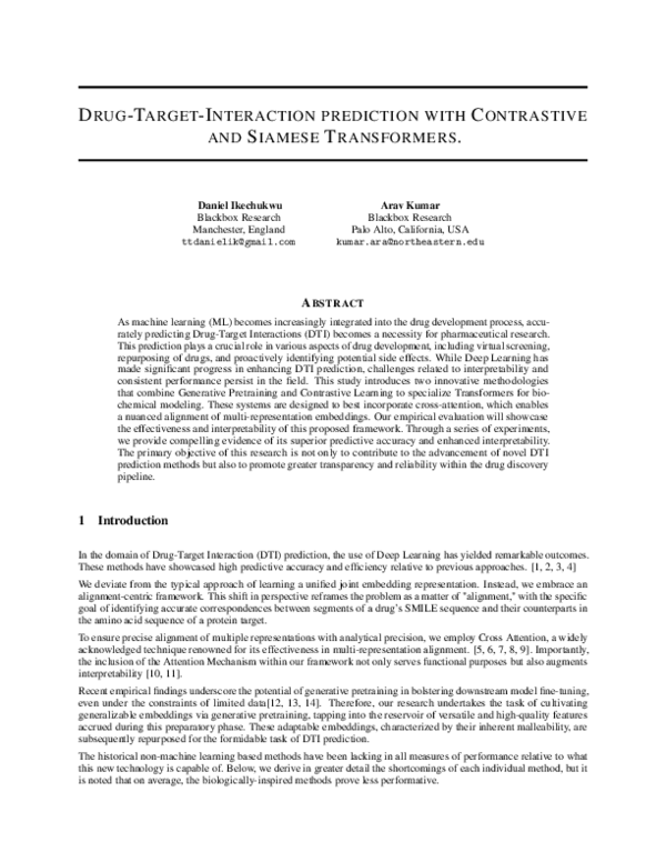 Pdf Drug Target Interaction Prediction With Contrastive And Siamese Transformers