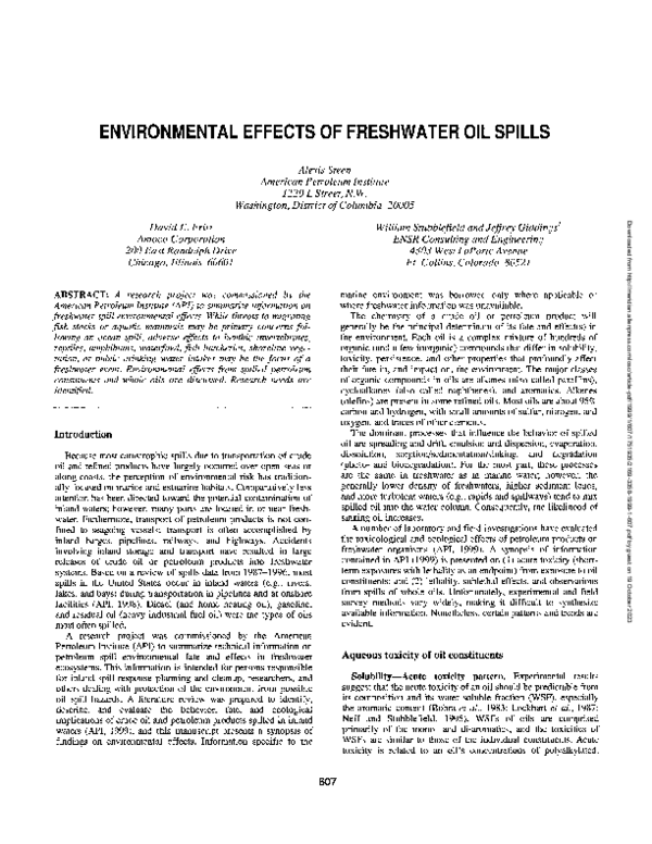 (PDF) Environmental Effects of Freshwater Oil Spills