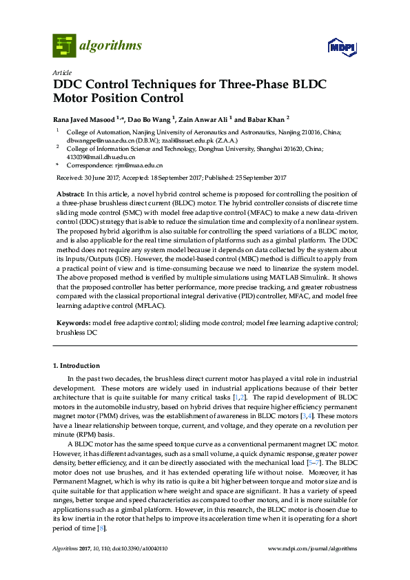 (PDF) DDC Control Techniques for Three-Phase BLDC Motor Position Control