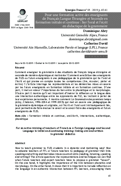 (PDF) Pour une formation active des enseignants de Français Langue ...