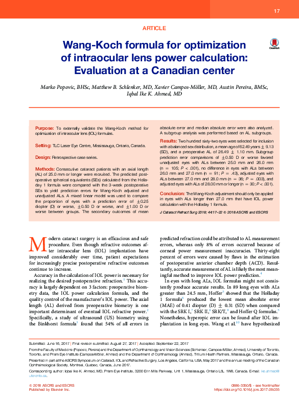 (PDF) Wang-Koch formula for optimization of intraocular lens power calculation: Evaluation at a ...