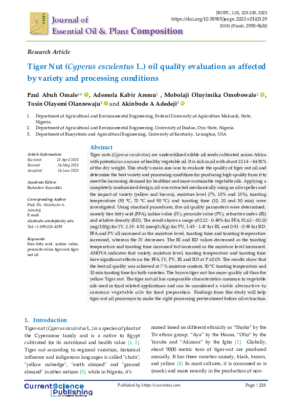 (PDF) Tiger Nut (Cyperus esculentus L.) oil quality evaluation as affected by variety and ...