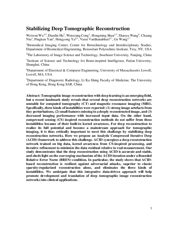 (PDF) Stabilizing Deep Tomographic Reconstruction | Hengyong Yu - Academia.edu