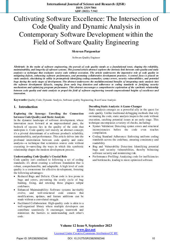 (PDF) Cultivating Software Excellence: The Intersection of Code Quality and Dynamic Analysis in ...