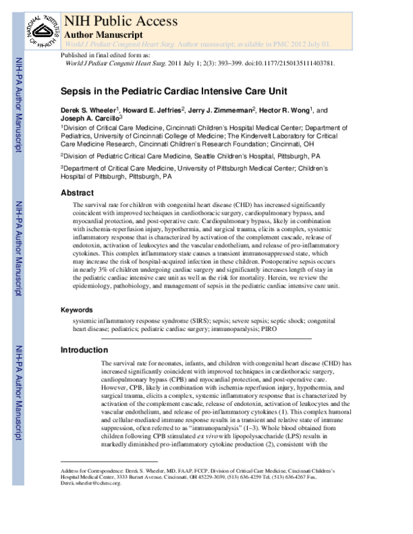 (PDF) Sepsis in the pediatric cardiac intensive care unit