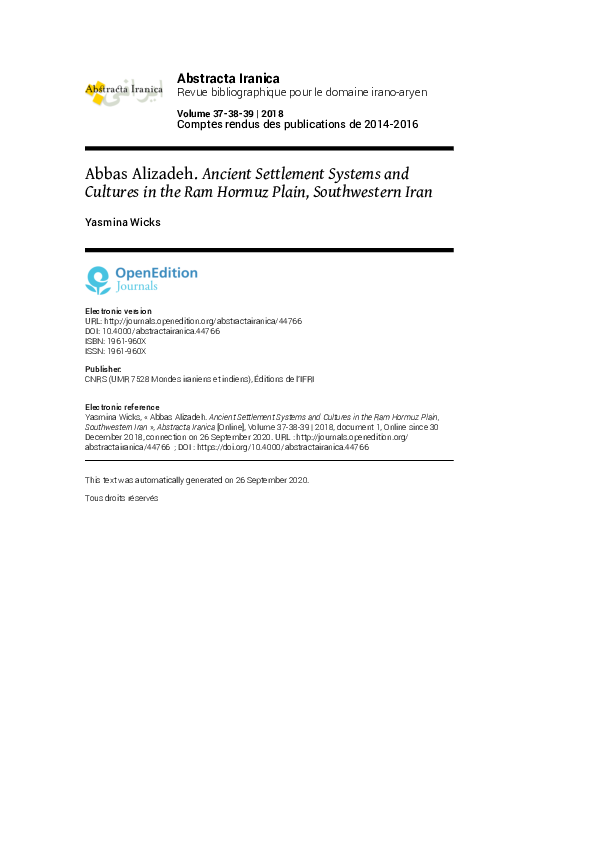 (PDF) Abbas Alizadeh. Ancient Settlement Systems and Cultures in the ...