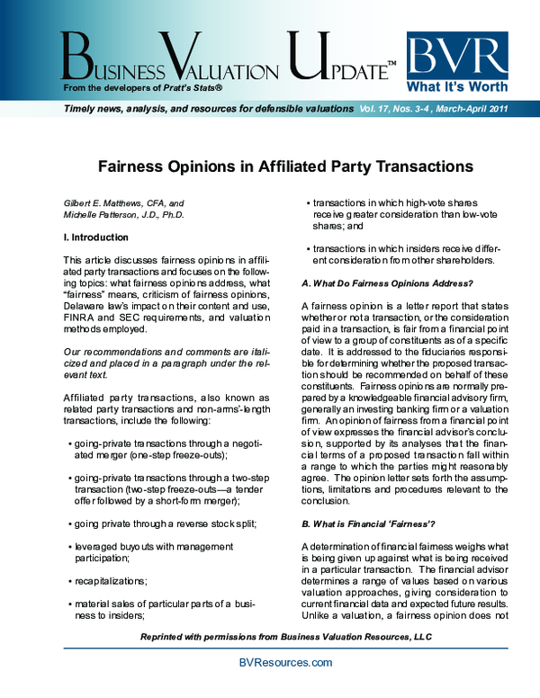 (PDF) Fairness Opinions in Affiliated Party Transactions