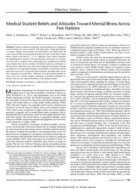 (PDF) Medical Student Beliefs and Attitudes Toward Mental Illness Across Five Nations