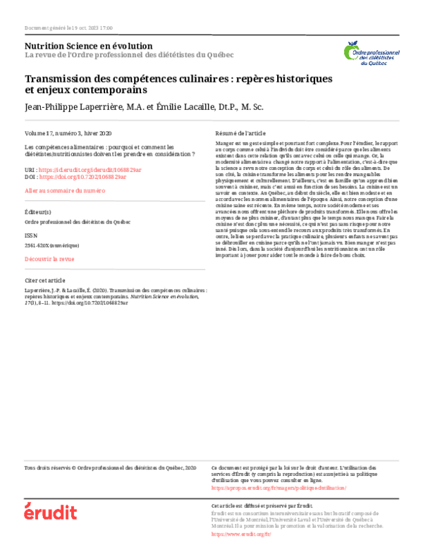 (PDF) Transmission des compétences culinaires : repères historiques et ...
