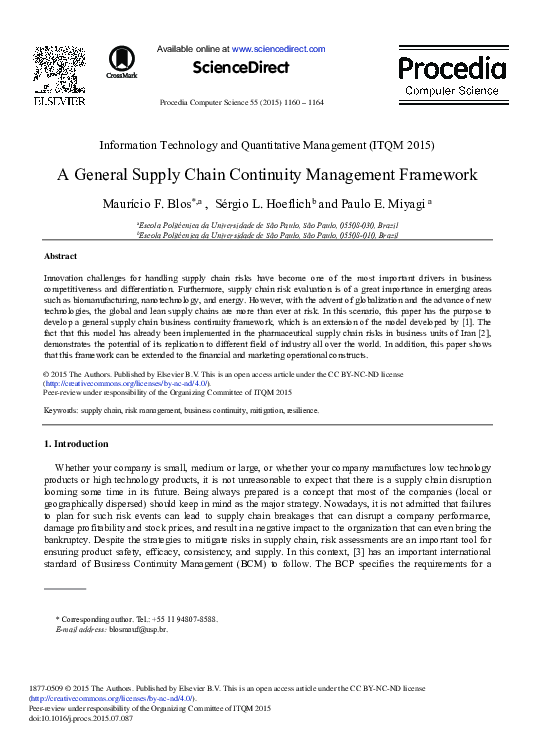 (PDF) A General Supply Chain Continuity Management Framework
