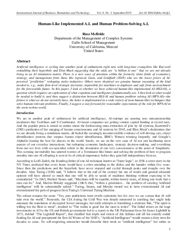 (PDF) Human-Like Implemented A.I. and Human Problem-Solving A.I