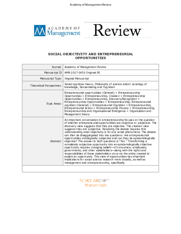 (PDF) Social Objectivity and Entrepreneurial Opportunities