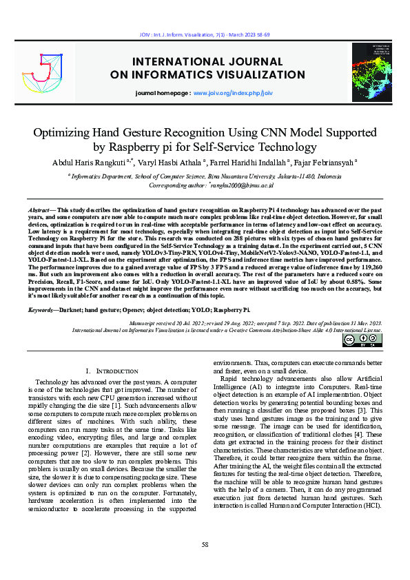 Pdf Optimizing Hand Gesture Recognition Using Cnn Model Supported By Raspberry Pi For Self