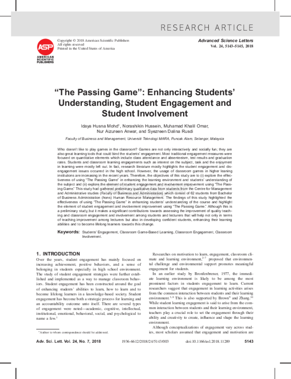 (PDF) “The Passing Game”: Enhancing Students’ Understanding, Student Engagement and Student ...