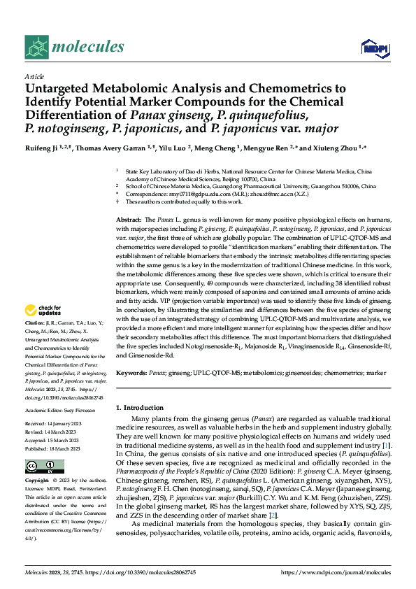 (PDF) Untargeted Metabolomic Analysis and Chemometrics to Identify Potential Marker Compounds ...