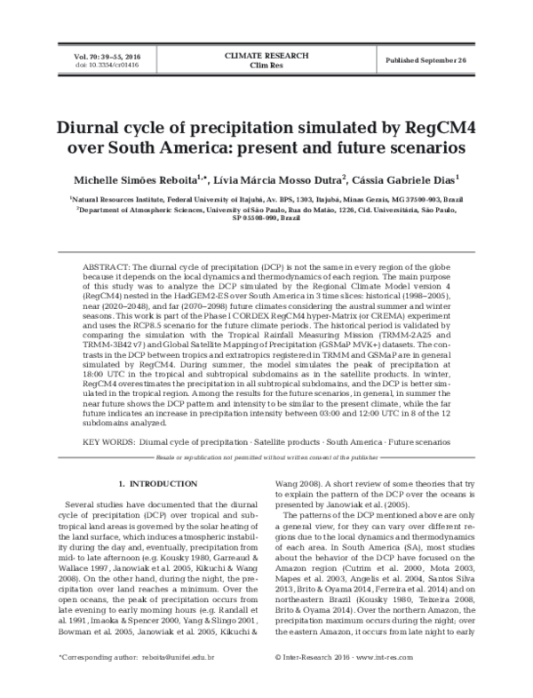 (PDF) Diurnal cycle of precipitation simulated by RegCM4 over South America: present and future ...