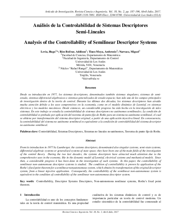 (PDF) Análisis de la Controlabilidad de Sistemas Descriptores Semi-Lineales Analysis of the ...