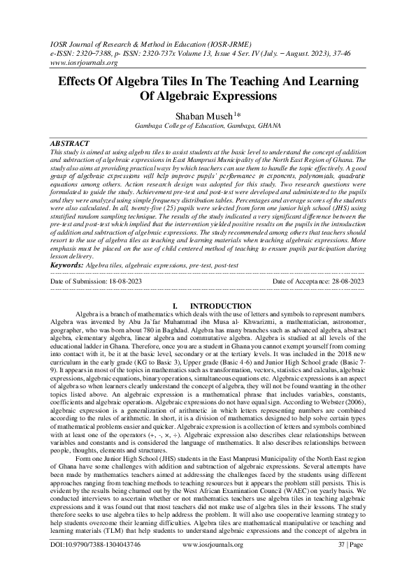 (PDF) Effects Of Algebra Tiles In The Teaching And Learning Of ...