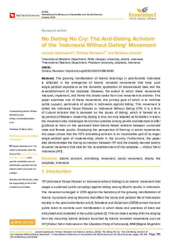 (PDF) No Dating No Cry: The Anti-Dating Activism of the `Indonesia ...