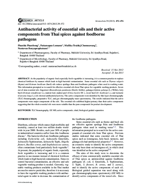(PDF) Antibacterial activity of essential oils and their active components from Thai spices ...