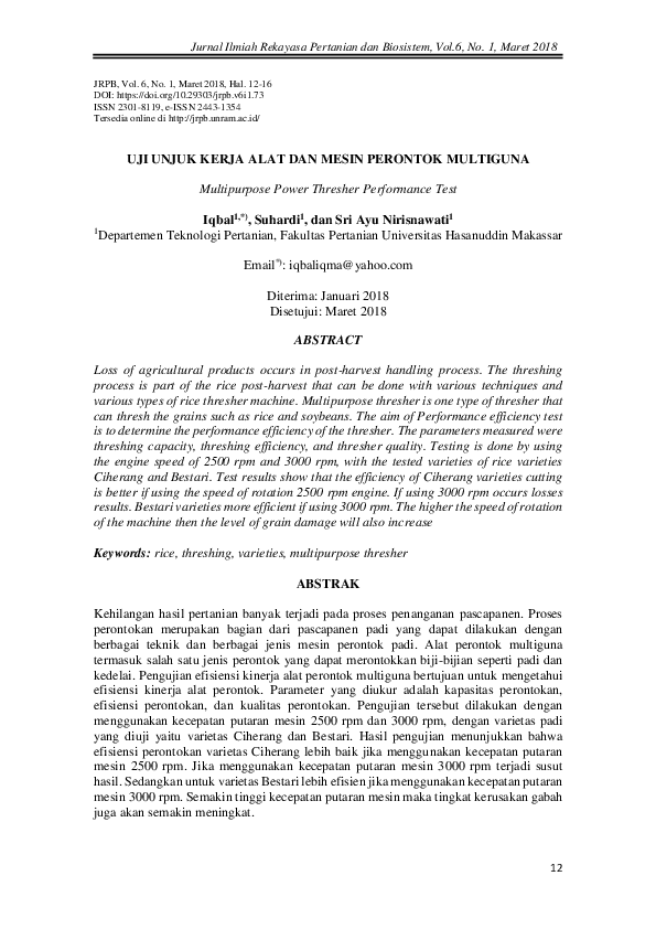 (PDF) UJI UNJUK KERJA ALAT DAN MESIN PERONTOK MULTIGUNA (Multipurpose ...