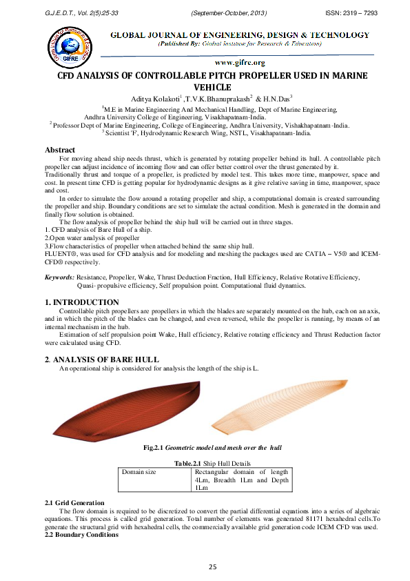 (PDF) CFD Analysis of Controllable Pitch Propeller Used in Marine Vehicle