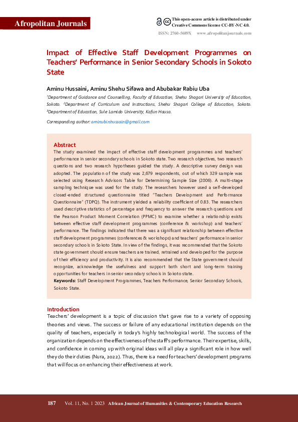 (PDF) Impact of Effective Staff Development Programmes on Teachers' Performance in Senior ...