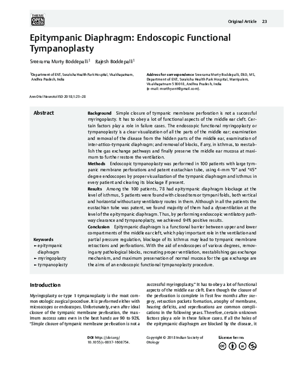 (PDF) Epitympanic Diaphragm: Endoscopic Functional Tympanoplasty