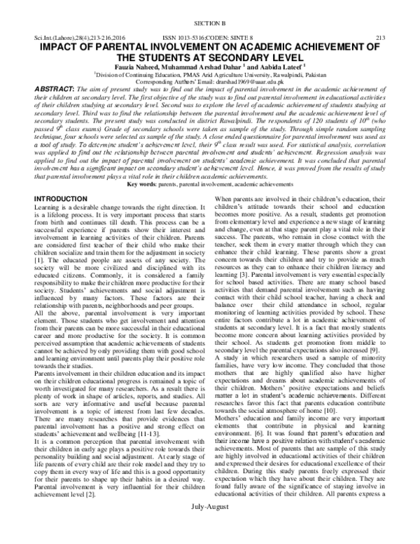(PDF) Impact of Parental Involvement on Academic Achievement of the Students at Secondary Level