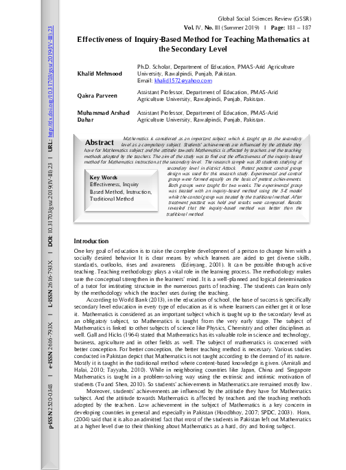 (PDF) Effectiveness of Inquiry-Based Method for Teaching Mathematics at the Secondary Level