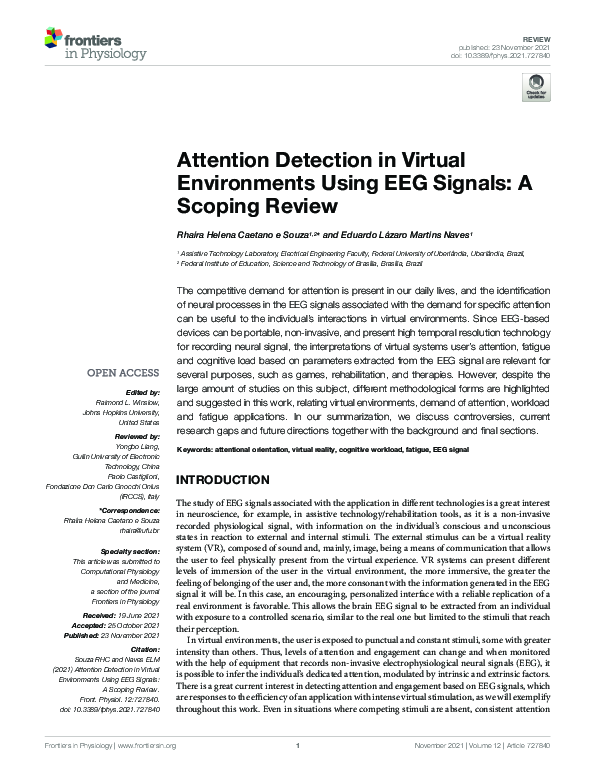(PDF) Attention Detection in Virtual Environments Using EEG Signals: A Scoping Review