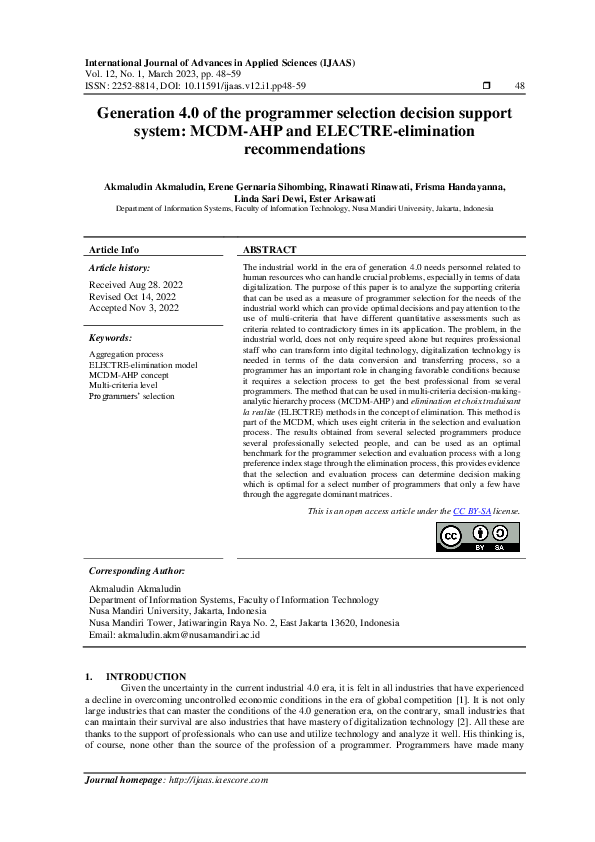 (PDF) Generation 4.0 of the programmer selection decision support system: MCDM-AHP and ELECTRE ...