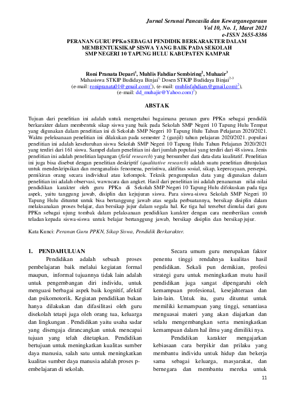 (PDF) PERANAN GURU PPKn SEBAGAI PENDIDIK BERKARAKTER DALAM MEMBENTUKSIKAP SISWA YANG BAIK PADA ...