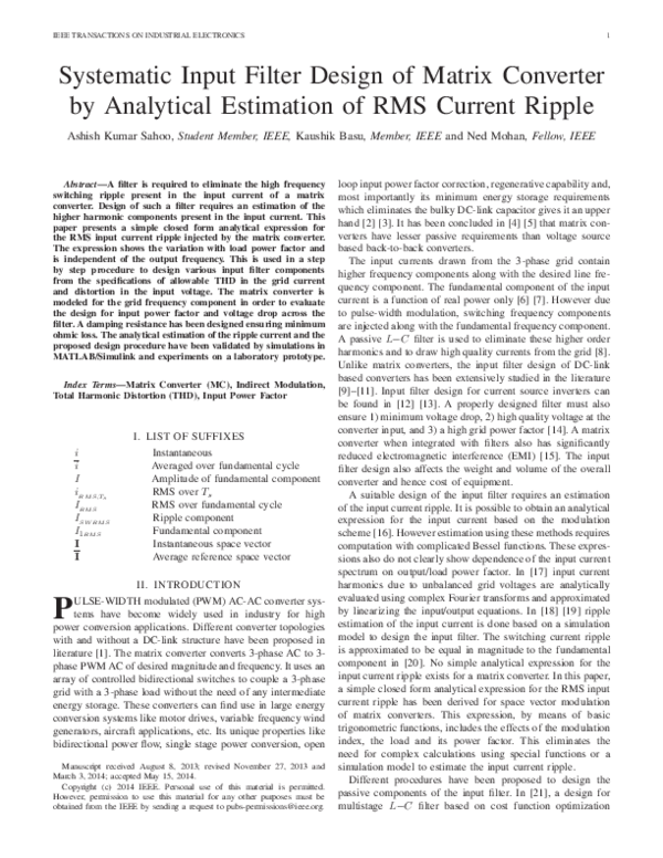 (PDF) Systematic Input Filter Design of Matrix Converter by Analytical ...