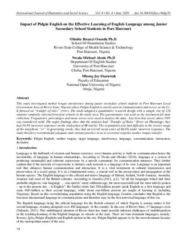 (PDF) Impact of Pidgin English on the Effective Learning of English Language among Junior ...