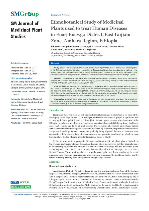 (PDF) Ethnobotanical Study of Medicinal Plants used to treat Human Diseases in Enarj Enawga ...