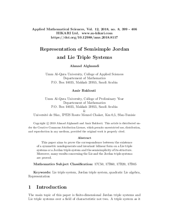 (PDF) Representation of semisimple Jordan and Lie triple systems