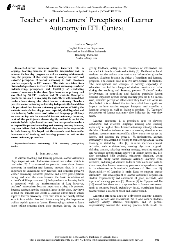(PDF) Teacher’s and Learners’ Perceptions of Learner Autonomy in EFL Context