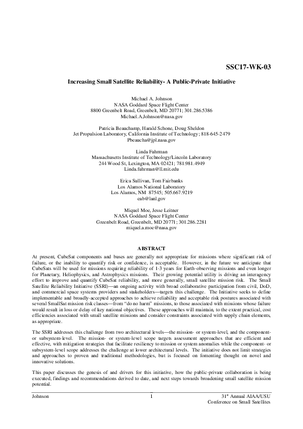 (PDF) Increasing Small Satellite Reliability- A Public-Private Initiative
