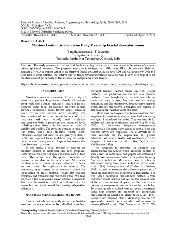 (PDF) Moisture Content Determination Using Microstrip Fractal Resonator Sensor