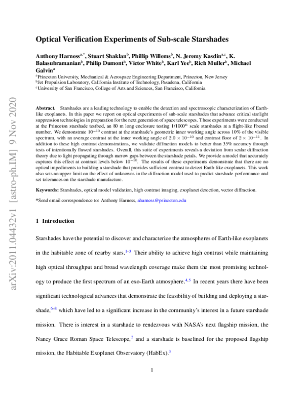 (PDF) Optical verification experiments of sub-scale starshades