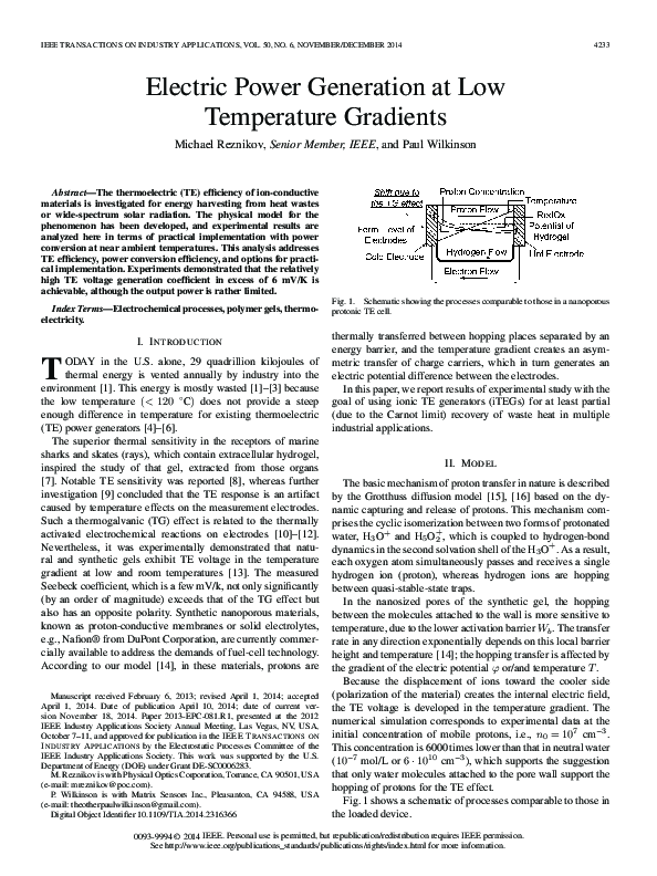 (PDF) Electric Power Generation at Low Temperature Gradients