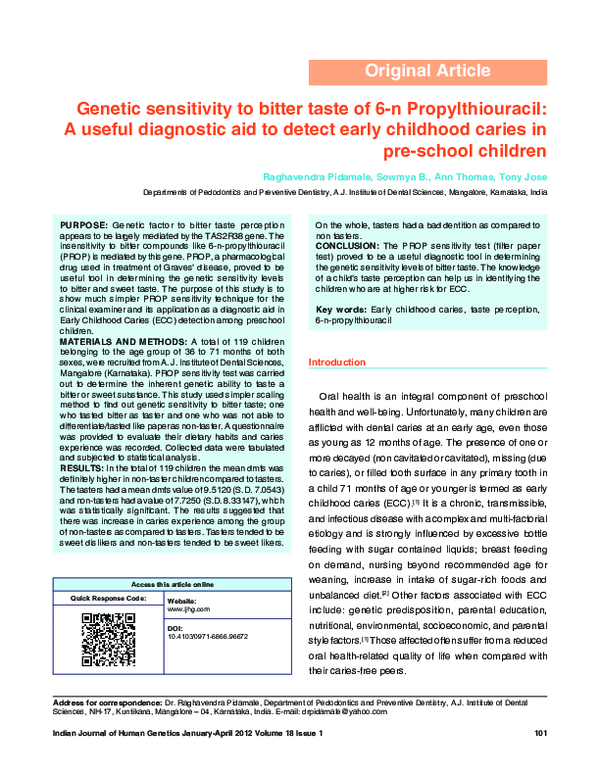 (PDF) Genetic sensitivity to bitter taste of 6-n Propylthiouracil: A ...